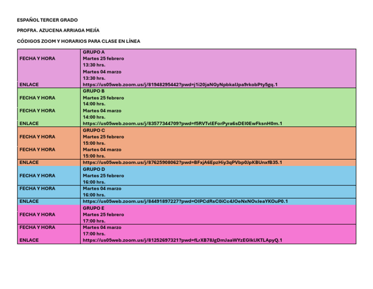 Español 3 Codigos Zoom y Horarios Clase Virtual | PDF