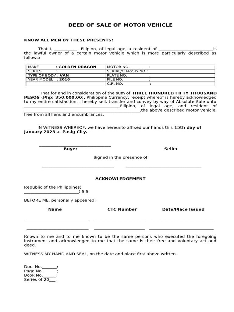 Deed of Sale of Motor - Vehicle - SAMPLE | PDF