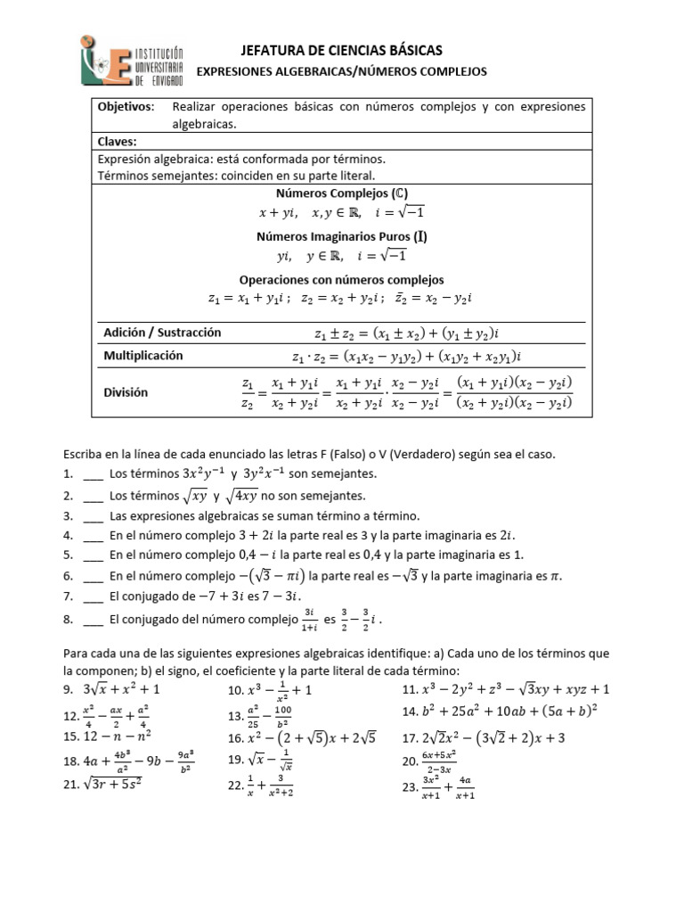 Taller 2 - Expresiones Algebraicas y Complejos | PDF | Número complejo | Álgebra abstracta