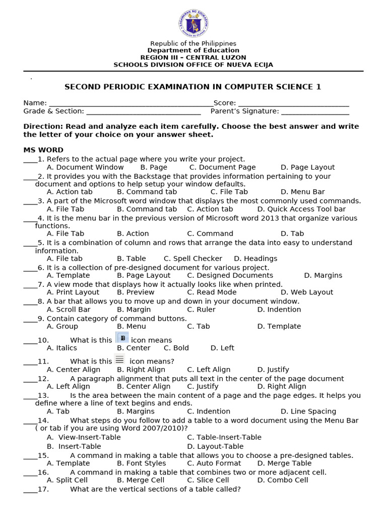G7 Q2 Computer Science 1 Test | PDF | Microsoft Excel | Spreadsheet