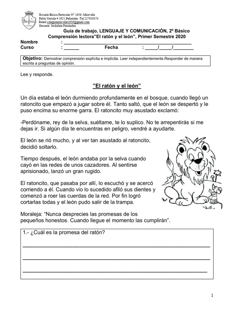 Comprensión Lectora: "El Ratón y el León" | PDF