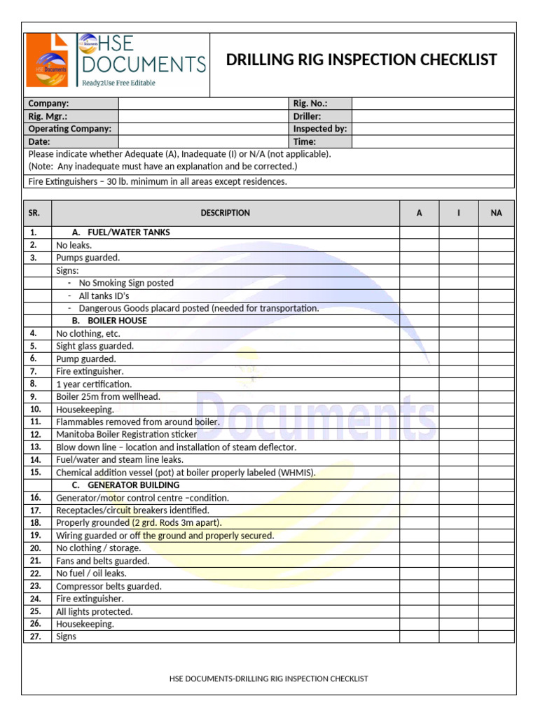 Rig Inspection Checklist | PDF | Boiler | Pump