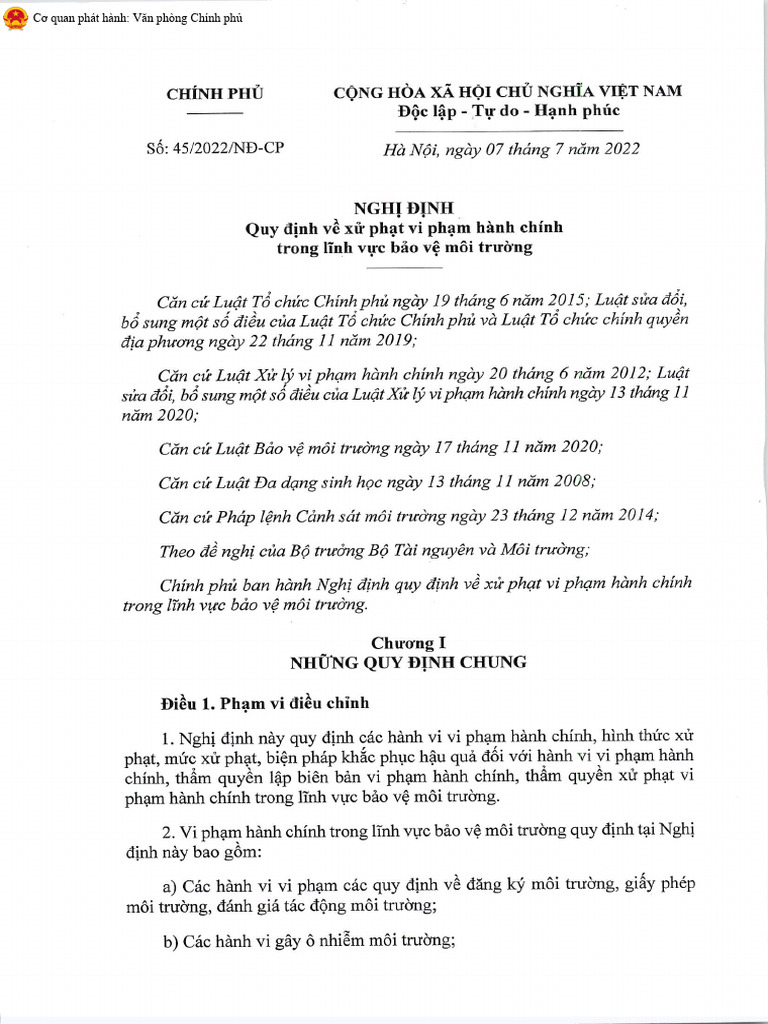 45 - 2022 - ND-CP - XPHC Trong Linh Vuc Bao Ve Moi Truong | PDF