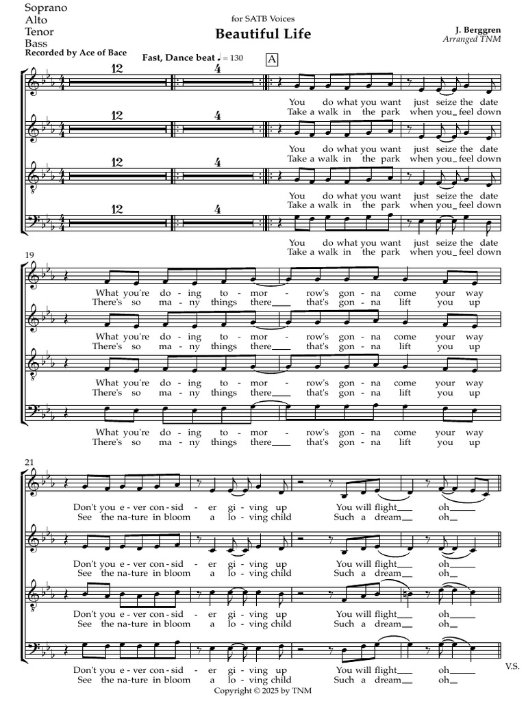 Beautiful Life SATB Soprano Alto Tenor Bass | PDF