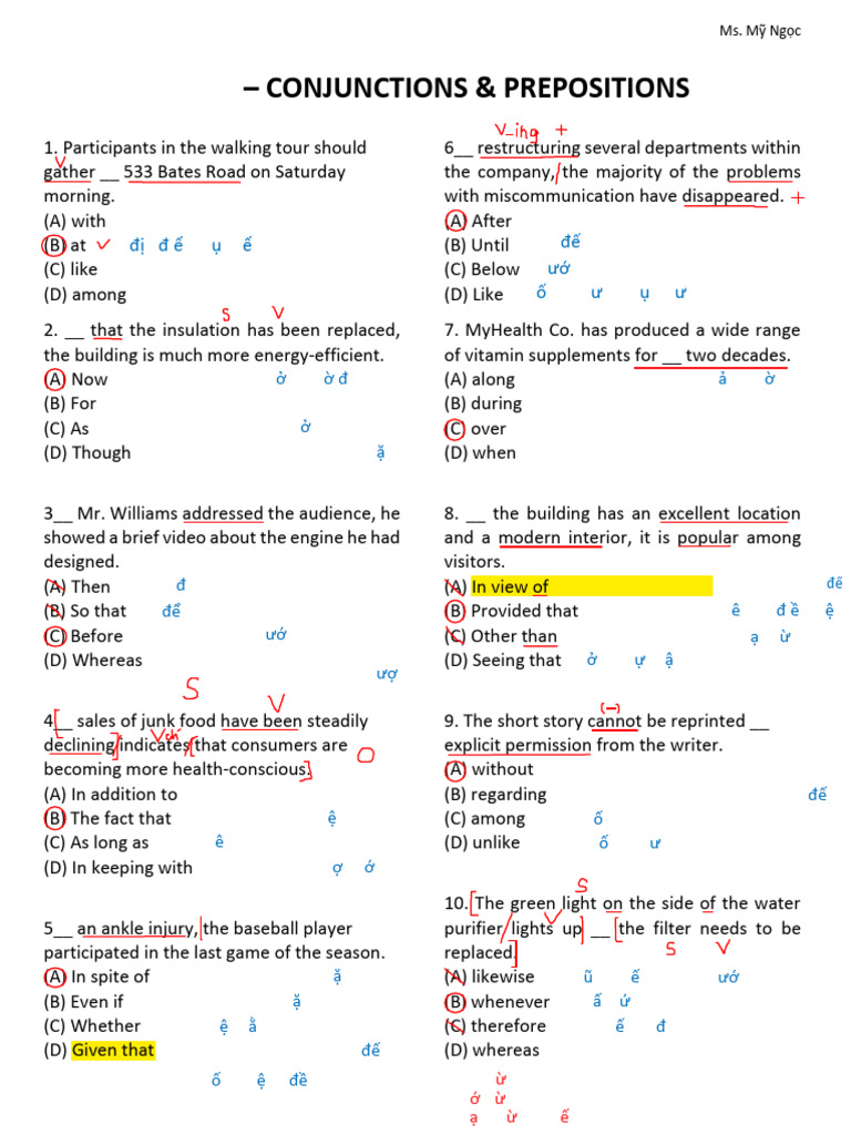 Conjunctions and Prepositions Practice | PDF