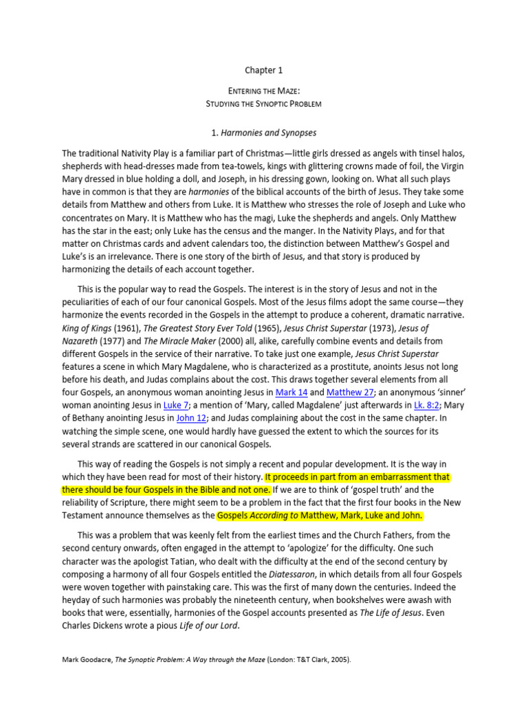 Goodacre, Chapter 1 The Synoptic Problem | PDF | Gospels | Gospel Of Mark
