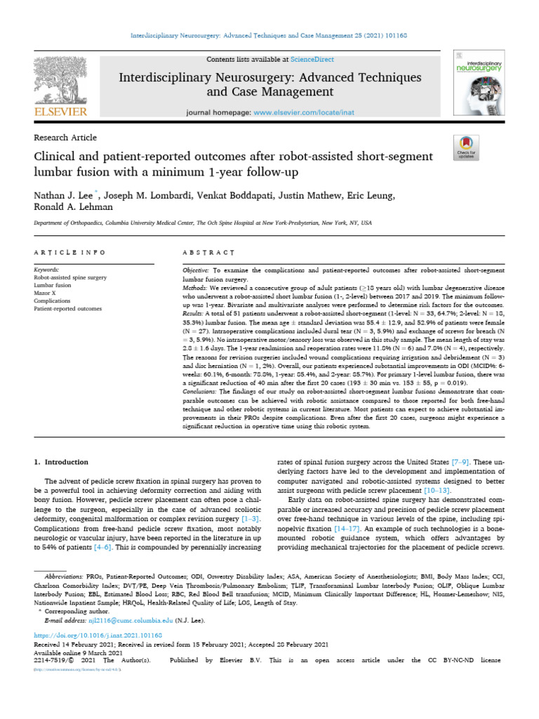 Lee2021 Clinical and Patient-Reported Outcomes After Robot-Assisted ...