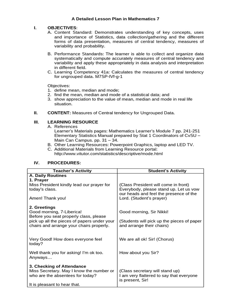 Lesson-Plan-Measures-of-Central-Tendency | PDF | Mode (Statistics) | Mean