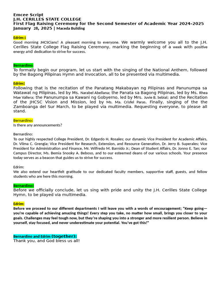 Emcee Script (Flag Raising Ceremony) | PDF