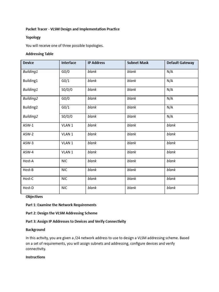 11.9.3 Packet Tracer - VLSM Design and Implementation PracticeSE193587 | PDF | Ip Address ...