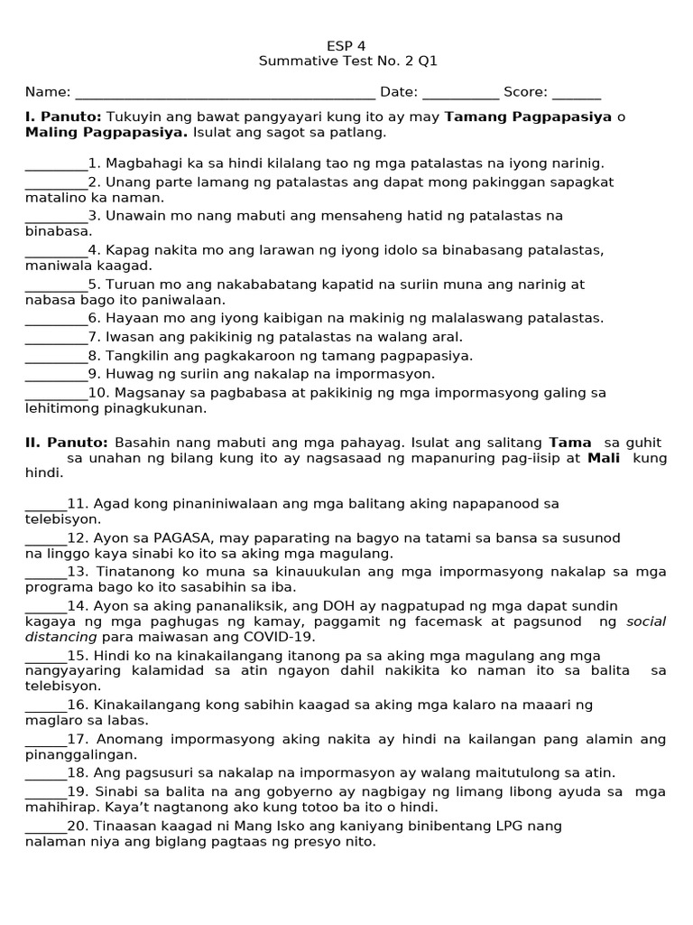 ESP4 Q1 Summative 2 | PDF