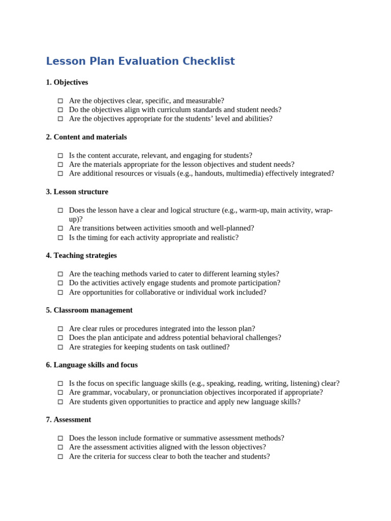 Lesson Plan Evaluation Checklist | PDF | Educational Assessment | Lesson Plan