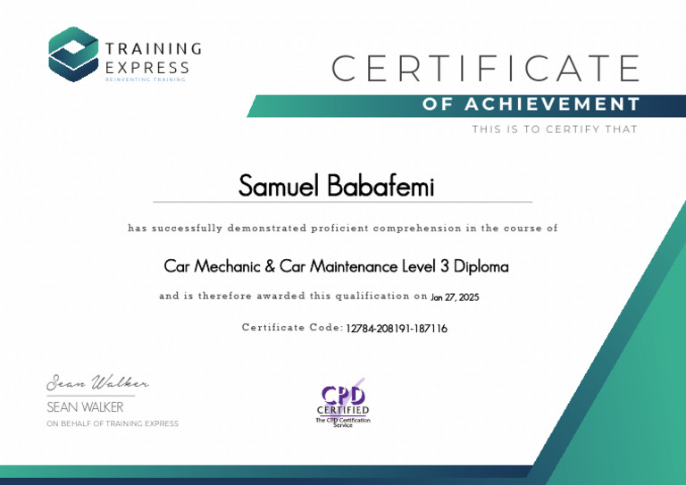 Car Mechanic & Maintenance Level 3 Diploma Certificate | PDF
