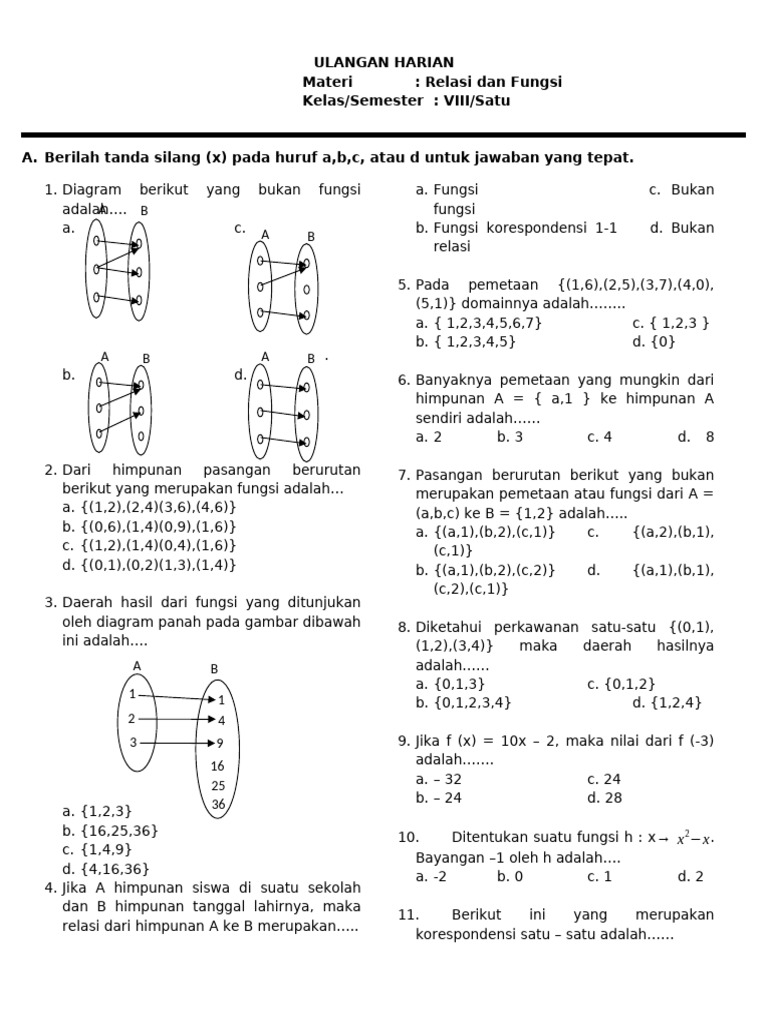 Soal UH Bab Relasi Dan Fungsi Kelas 8 | PDF