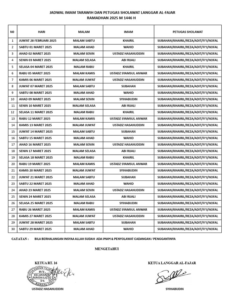 Jadwal Tarawih Langgar Al-Fajar 2025 | PDF
