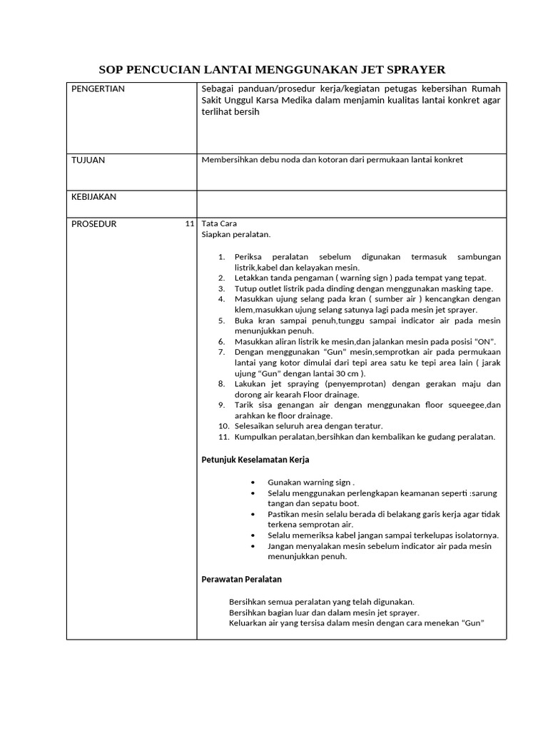 Sop Pembersihan Lantai Menggunakan Jet Sprayer | PDF