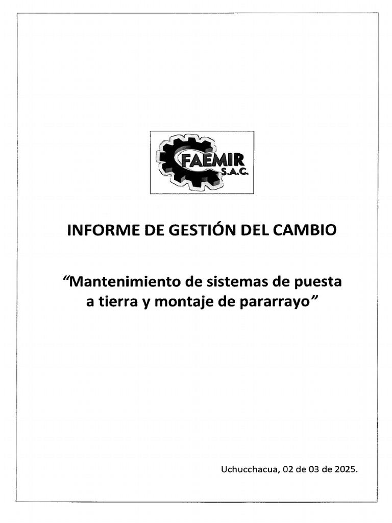 Informe de Gestión de Cambio - MANTENIMIENTO DE PAT PARARRAYOS Y MONTAJE DE PARARRAYO | PDF