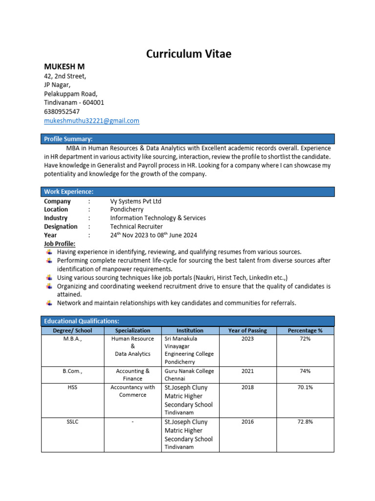 Mukesh Resume | PDF | Recruitment | Human Resources
