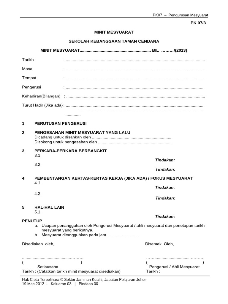 Borang PK 07 3 CONTOH FORMAT MINIT MESYUARAT | PDF