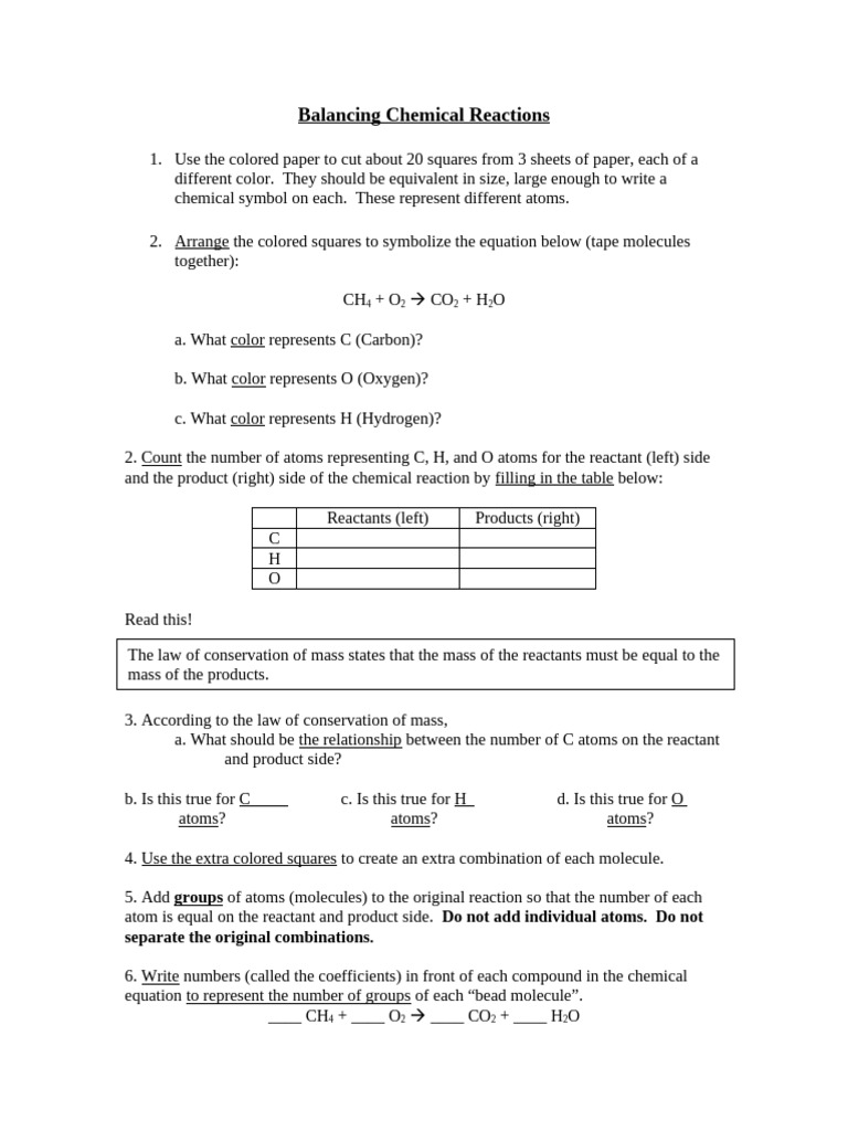 Balancing Chemical Reactions POGIL 2 | PDF | Chemical Reactions | Atoms