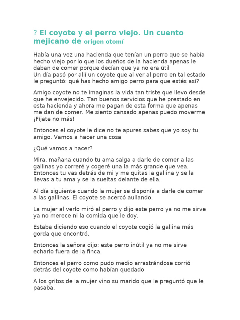 Cuento otomí: El coyote y el perro viejo | PDF