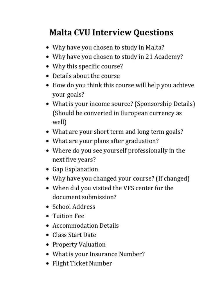 Malta CVU Interview Questions Guide | PDF
