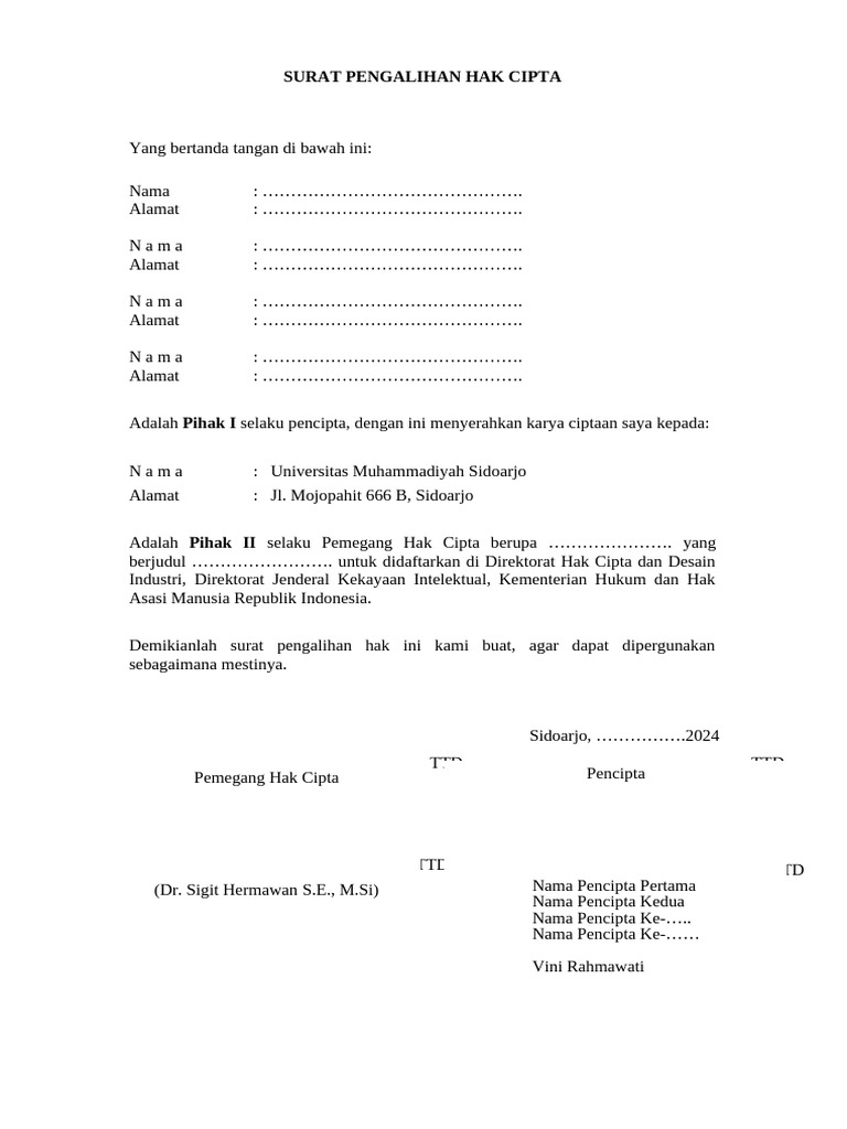 Surat Pengalihan Hak Cipta Karya | PDF