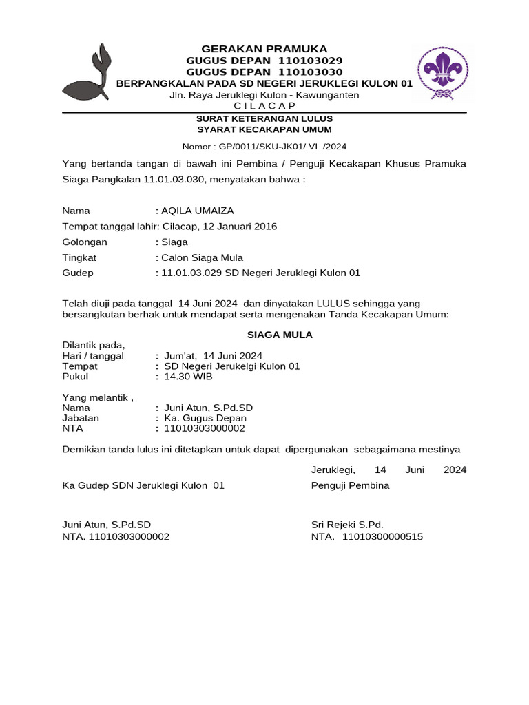 Surat Keterangan Lulus AQILA (1) | PDF