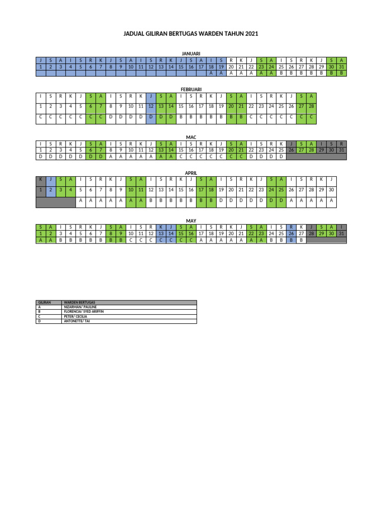 JADUAL GILIRAN BERTUGAS WARDEN 2021 | PDF