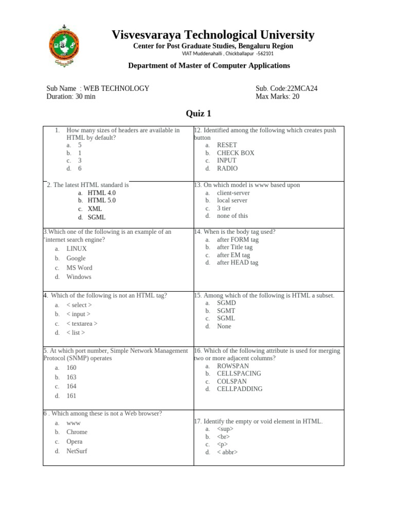 WEB TECHNOLOGY QUIZ 1 | PDF | Html | World Wide Web