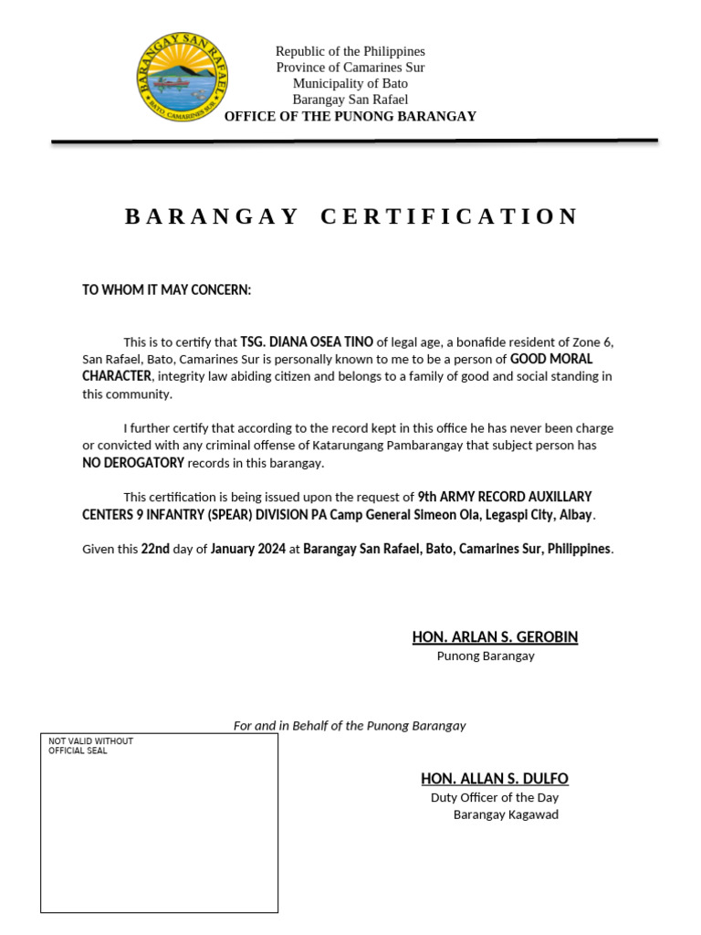 BRGY CERTFCATION BACKGROUND CHCK ARMY | PDF