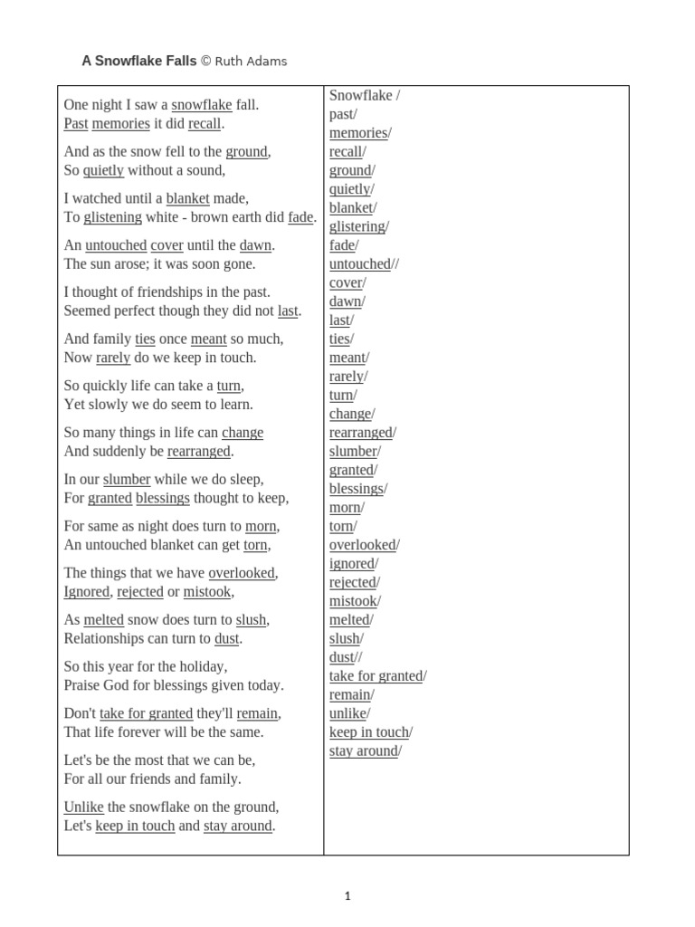 Reading Comprehension - Poem A Snowflake Falls | PDF