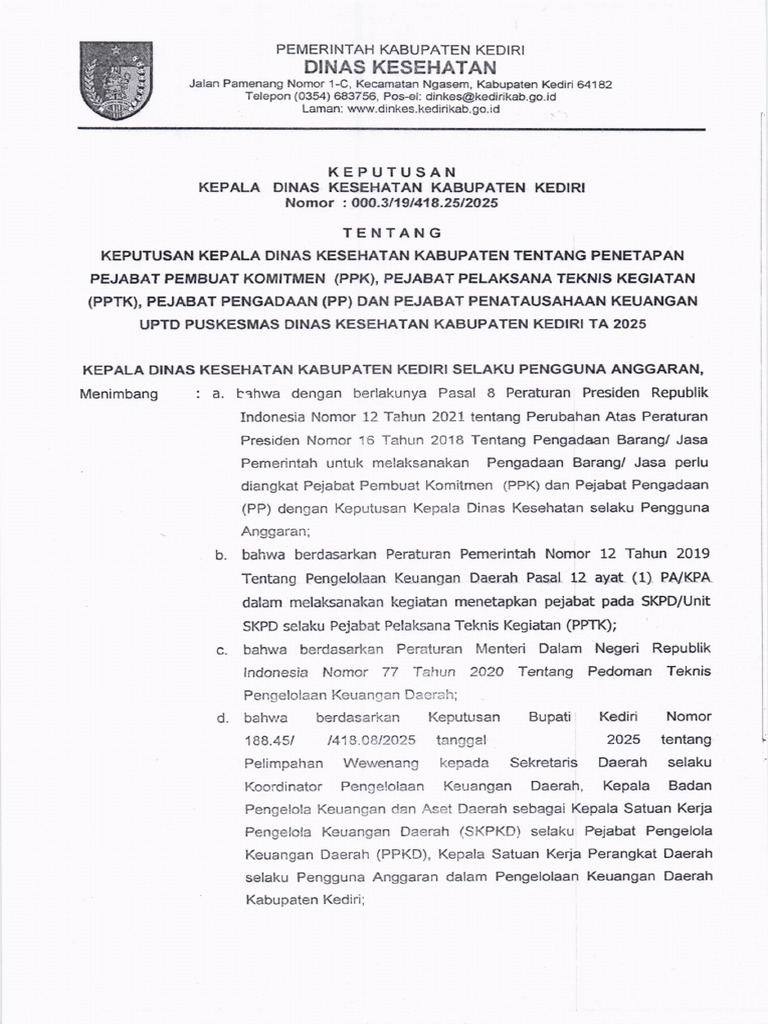 SK PPK, PPTK, PP Pejabat Penatausahaan Uptd Puskesmas Dinkes Ta 2025 | PDF