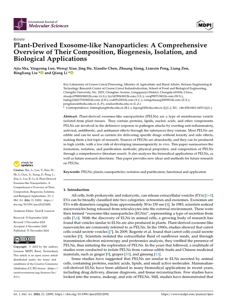Plant Derived Exosome Like Nanoparticles A Comprehensive Overview of Their Composition ...