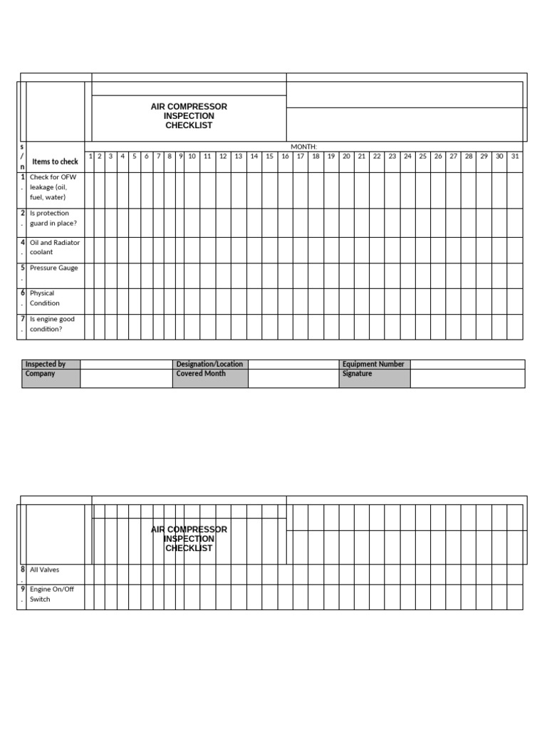 Air Compressor Inspection Checklist | PDF