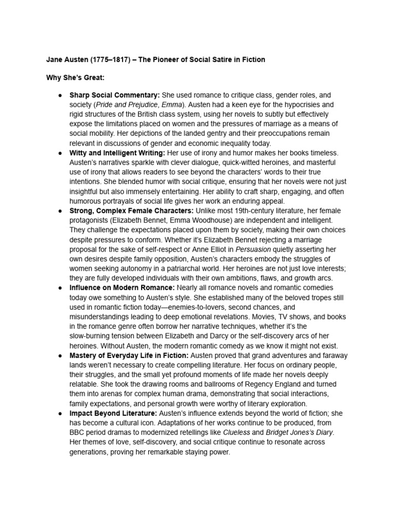 Jane Austen (1775-1817) - The Pioneer of Social Satire in Fiction | PDF ...