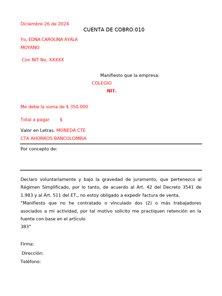 Ejemplo Cuenta de Cobro | PDF