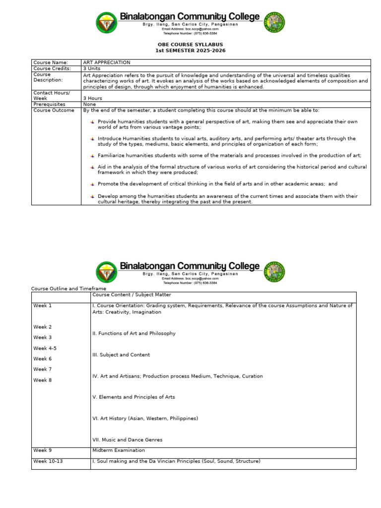 Art Appreciation Syllabus AY 25-56-1 | PDF | Humanities | Academic ...