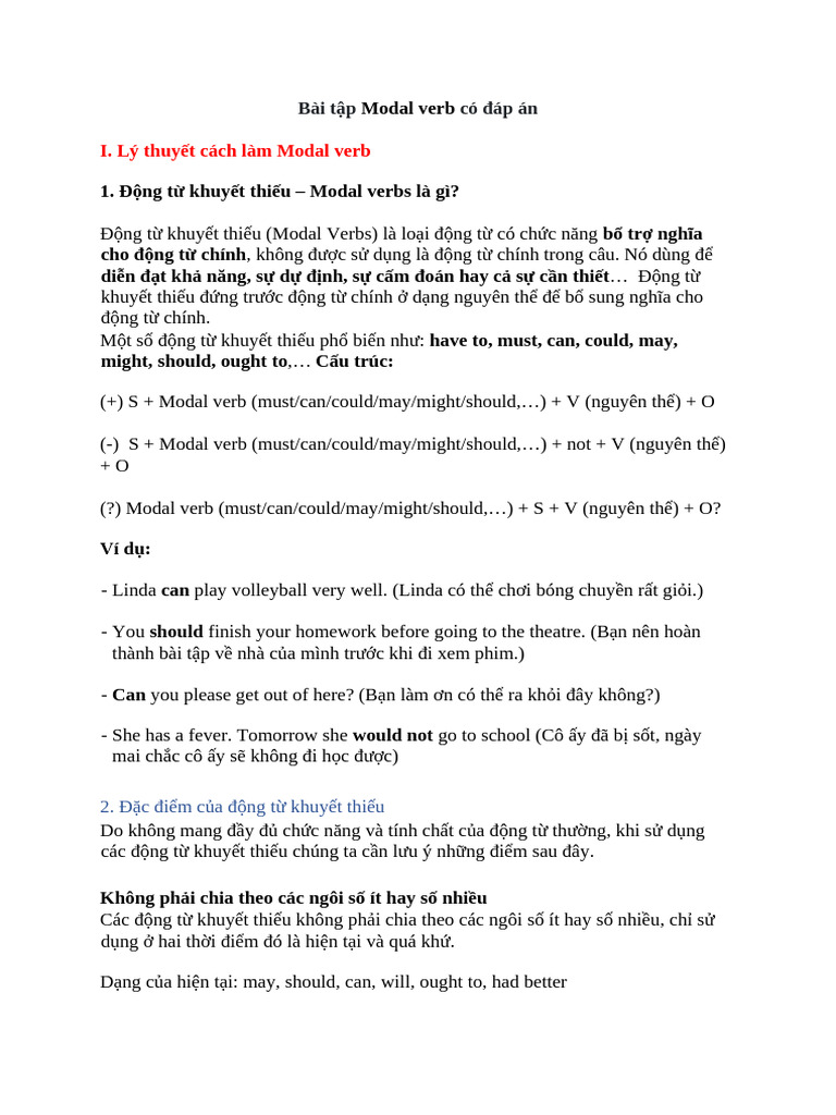 50 Bai Tap Modal Verb Co Dap An | PDF