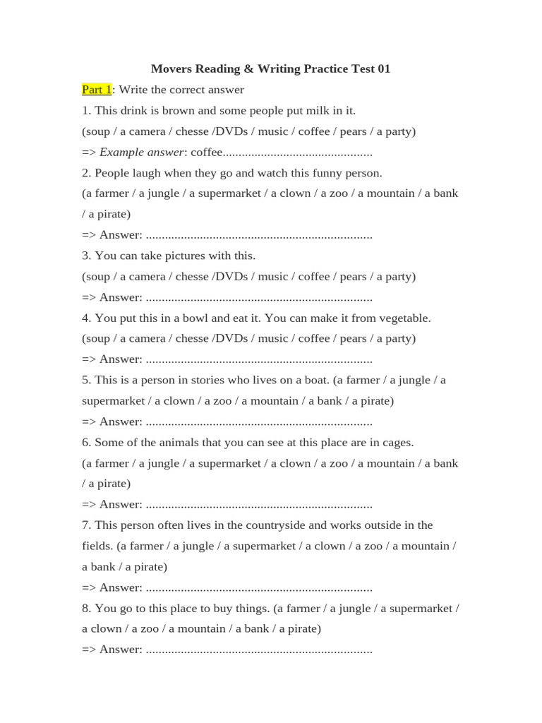 Movers Reading Part 1 and Part 2 - 01 | PDF