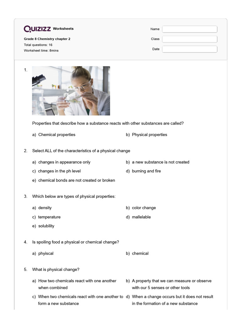 Grade 8 Chemistry: Physical vs Chemical Changes Worksheet | PDF ...