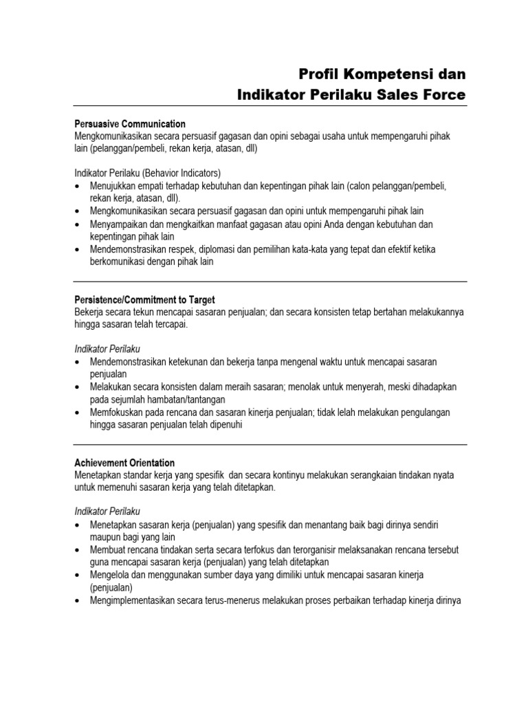 Contoh Kompetensi & Indikator Perilaku Sales Force | PDF