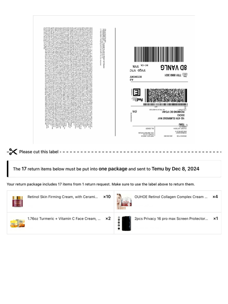 Return Instructions for 17 Items to Temu | PDF