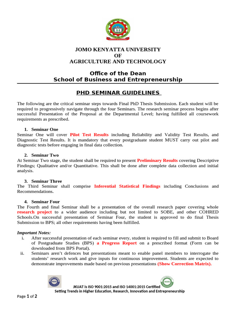 JKUAT SOBE PHD SEMINAR GUIDNELINES 2022 | PDF | Thesis | Doctor Of Philosophy