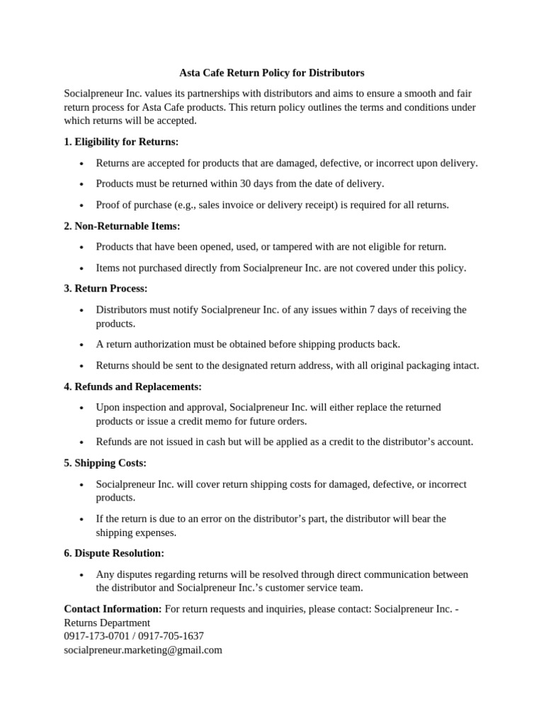 Asta Cafe Return Policy For Distributors | PDF