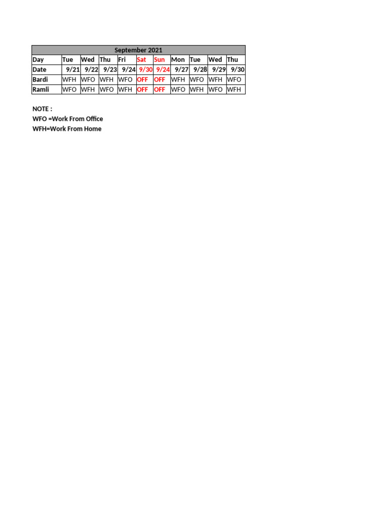 Schedule WFH Sep Dan Okt 2021 | PDF