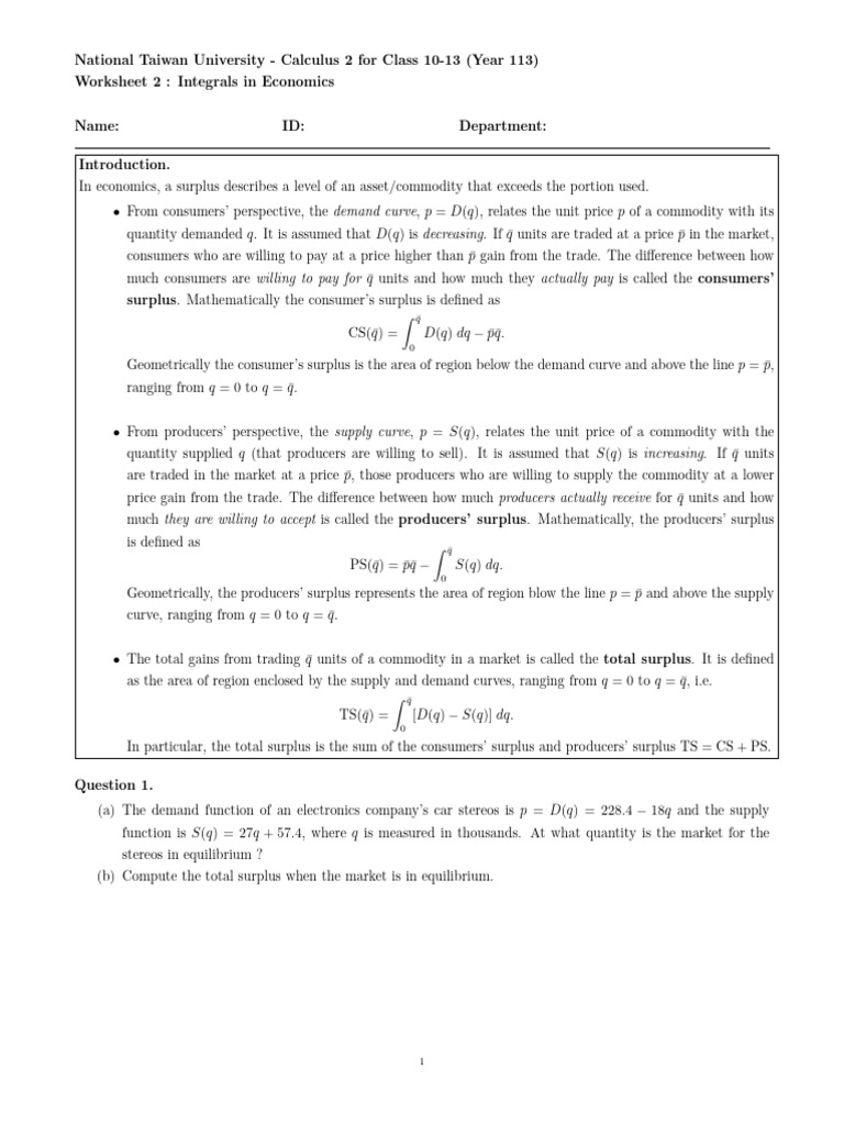 EM2-2 Integrals in Economics | PDF | Economic Surplus | Demand