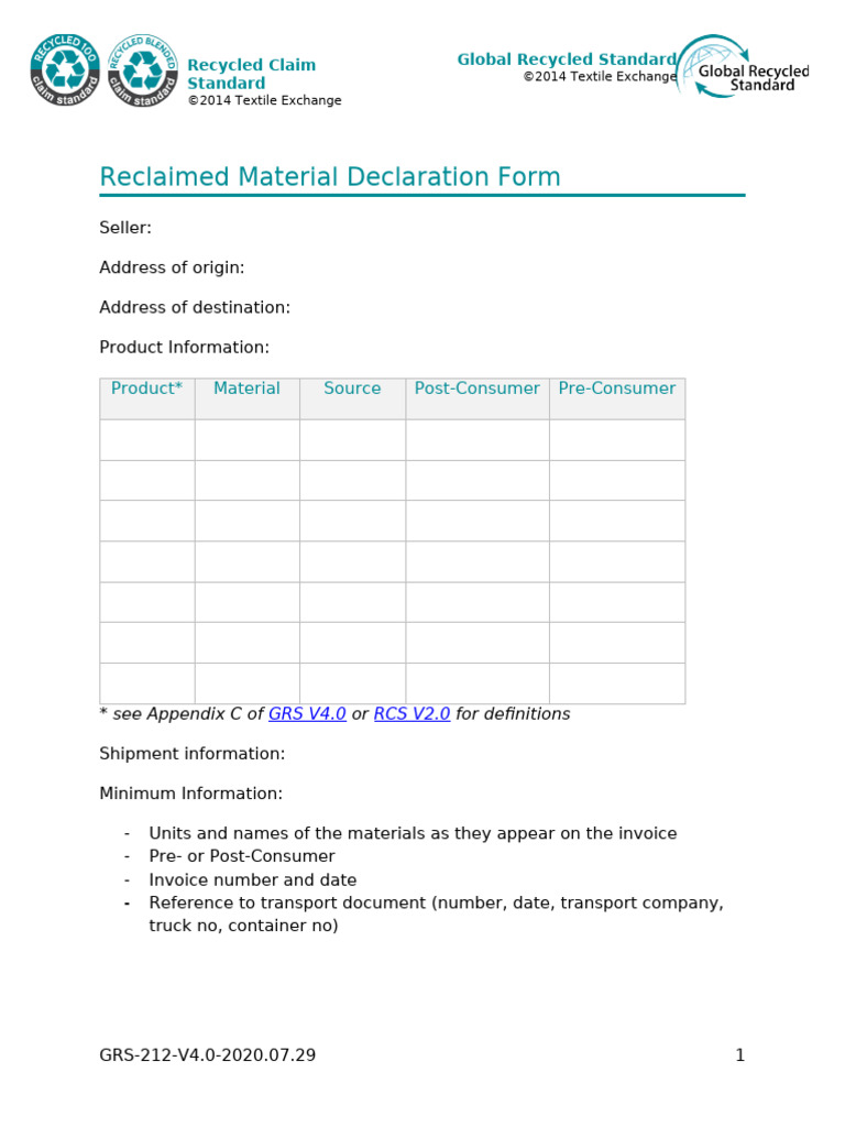 GRS 212 V4.0 Reclaimed Material Declaration Form | PDF