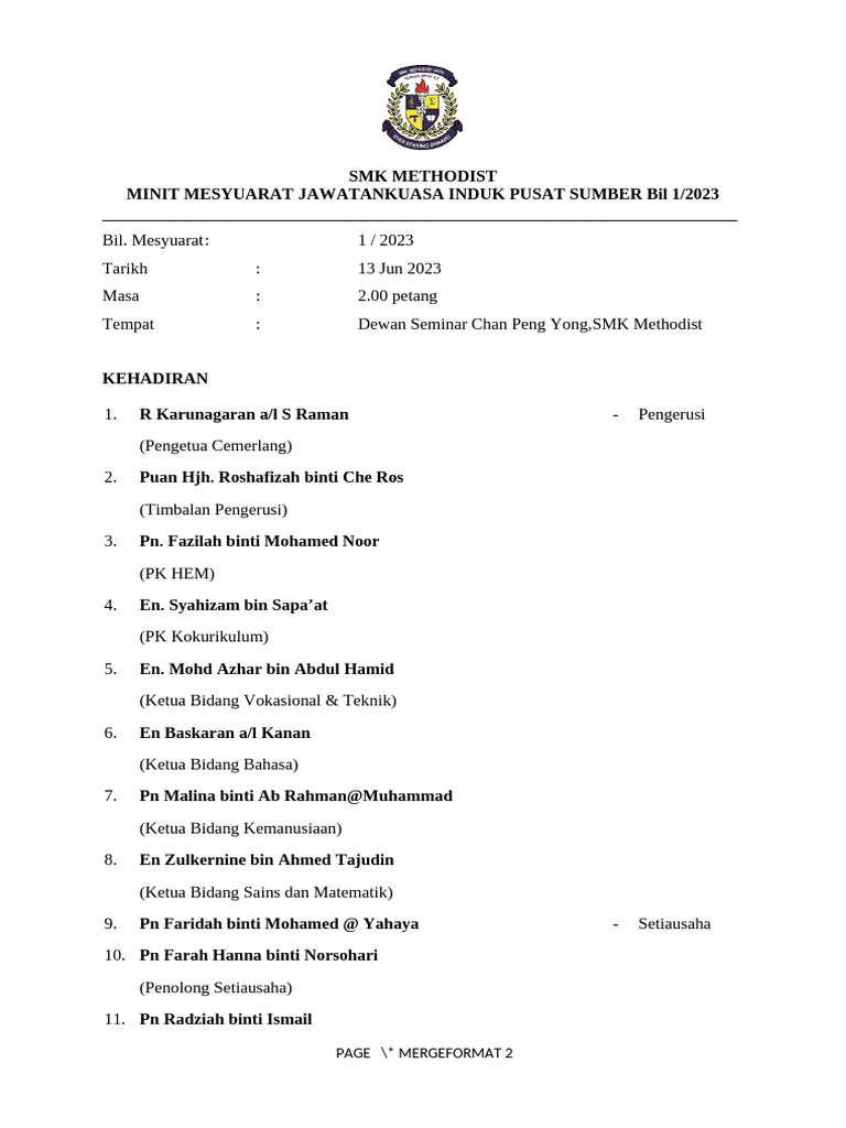 Mnit Mesyuarat Induk Bil 1 2023 | PDF