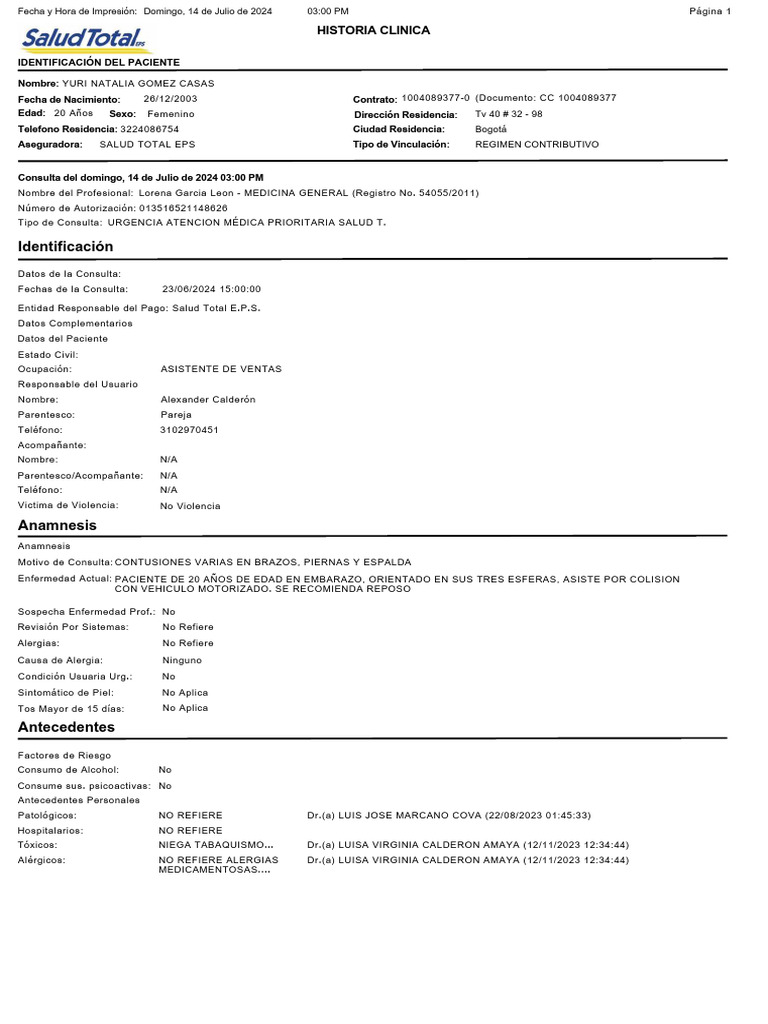 Historia Clinica Yuri Gomez PDF | PDF | Alergia | Historial médico